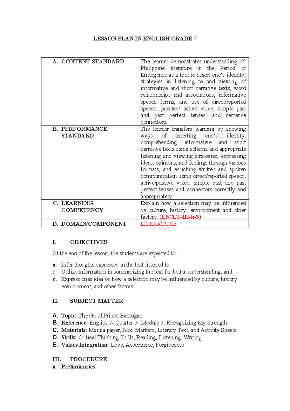Lesson PLAN Final Grade 7 - LESSON PLAN IN ENGLISH GRADE 7 A. CONTENT ...