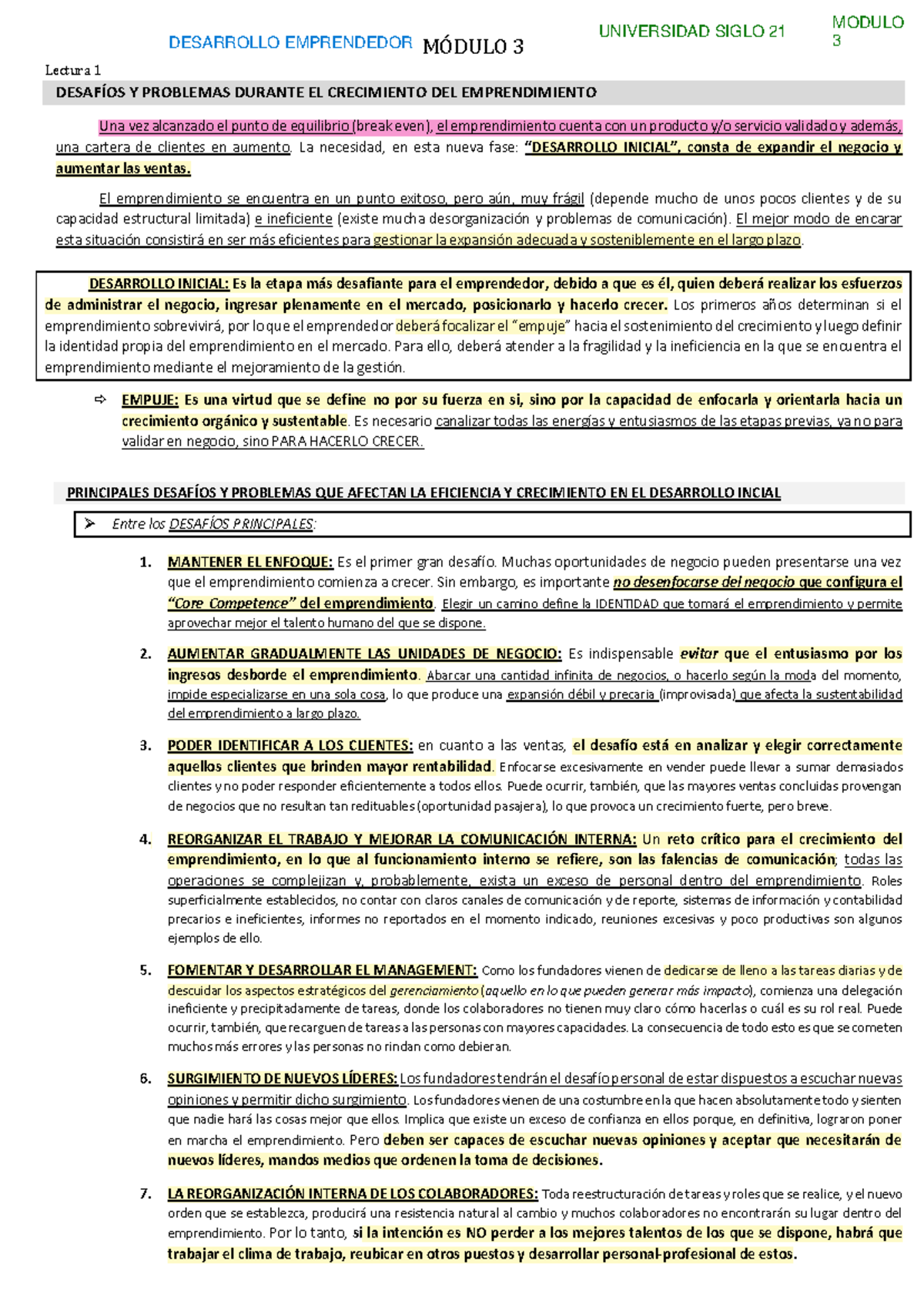 Desarrollo Emprendedor Resumen - MÓDULO 3 Lectura 1 DESAFÍOS Y PROBLEMAS DURANTE EL CRECIMIENTO ...