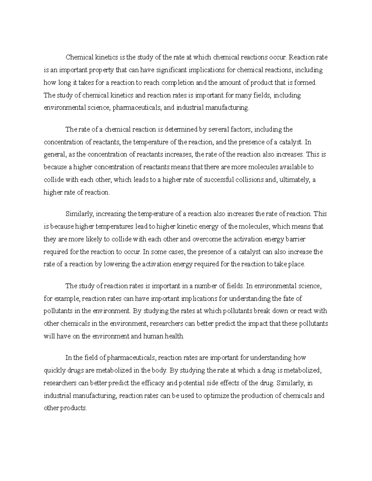 Chemical Kinetics and Reaction Rates - Essay - Chemical kinetics is the ...