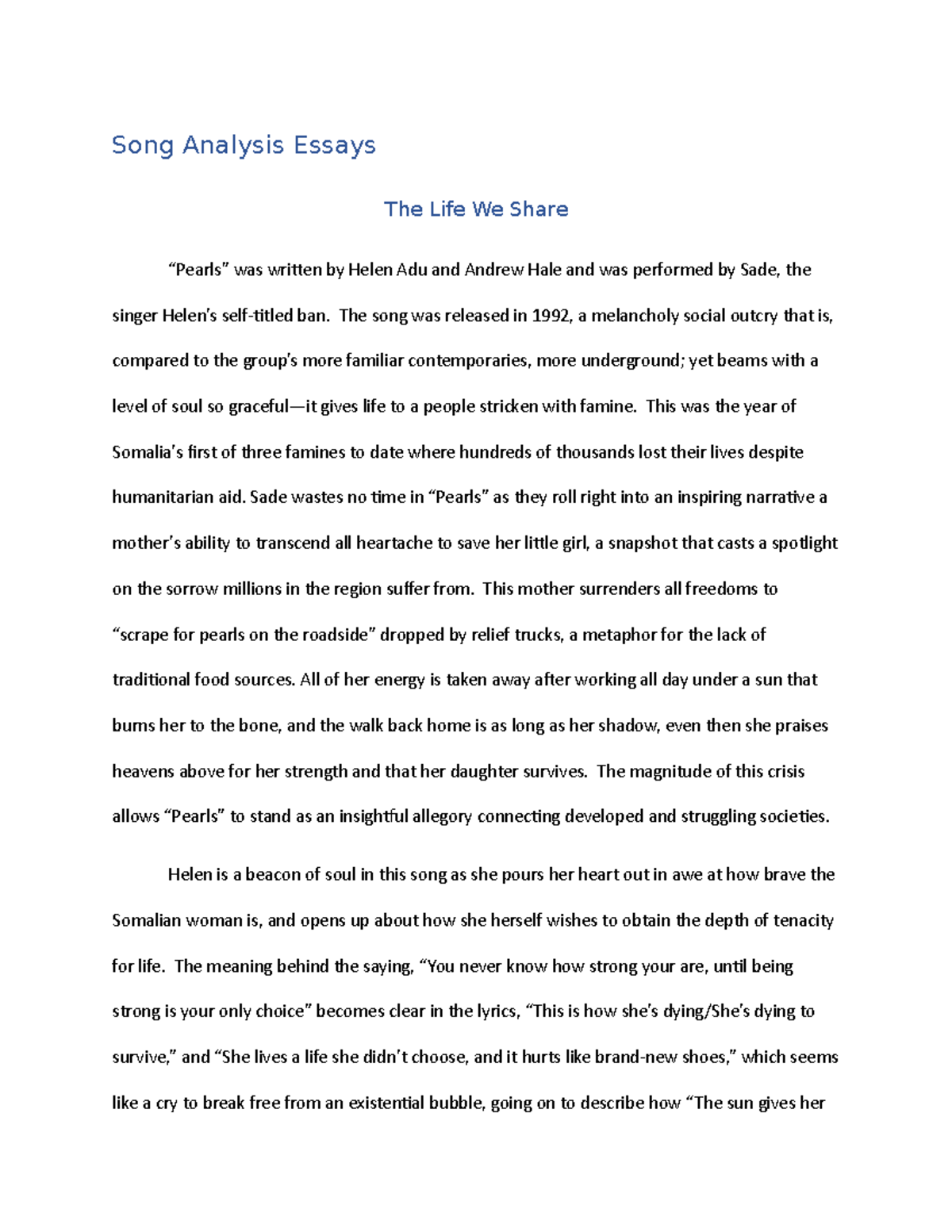 English 1301 Song Analysis Essay Samples - Song Analysis Essays The ...