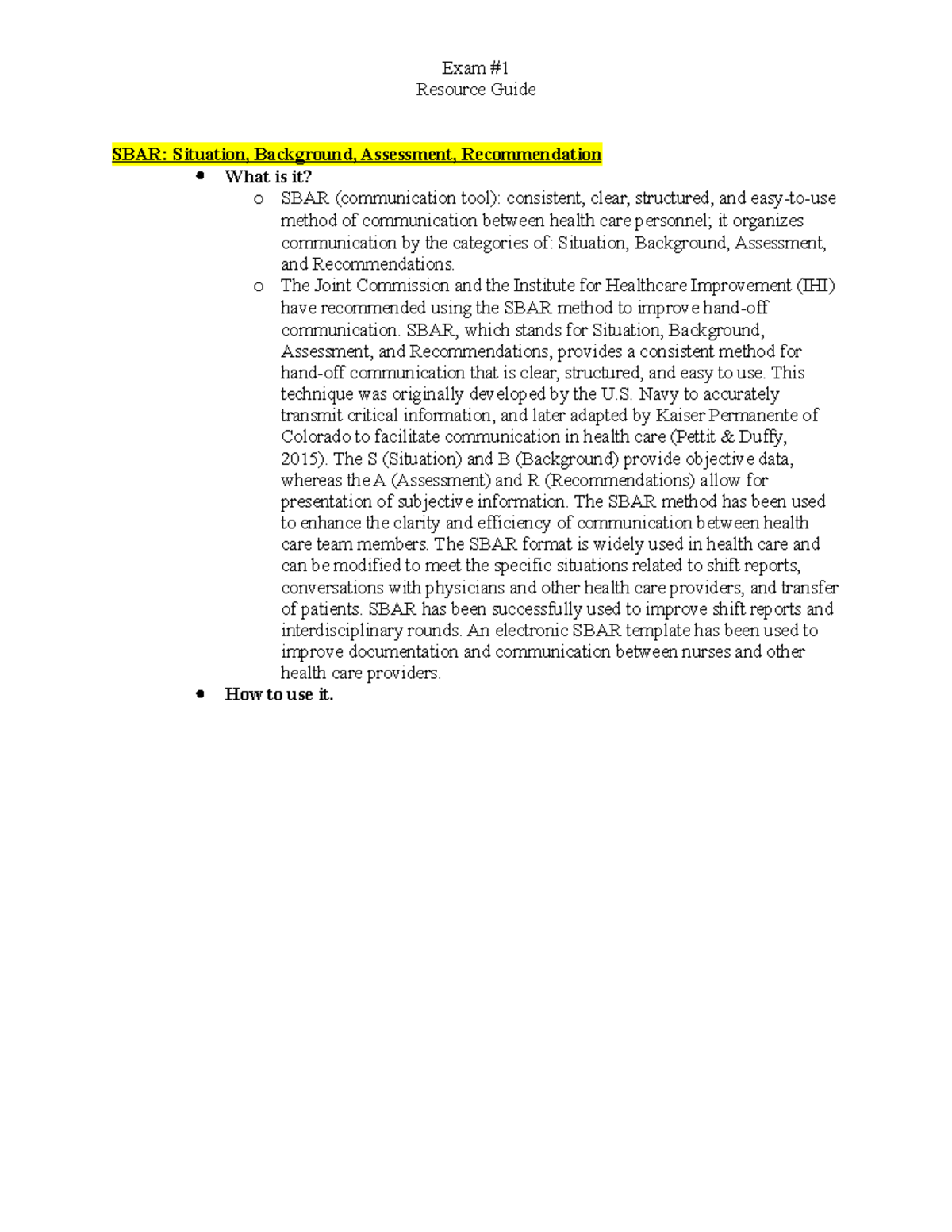 Review guide Exam 1 - Resource Guide SBAR: Situation, Background ...