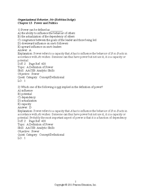 Sample/practice exam 2020, questions and answers - Organizational Behavior, 14e (Robbins/Judge ...