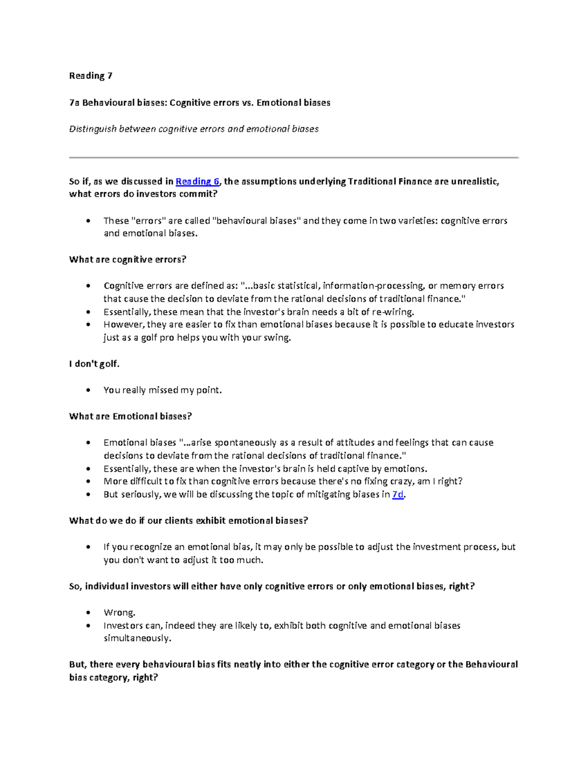 Economics Revision summary 7 - Reading 7 7a Behavioural biases ...