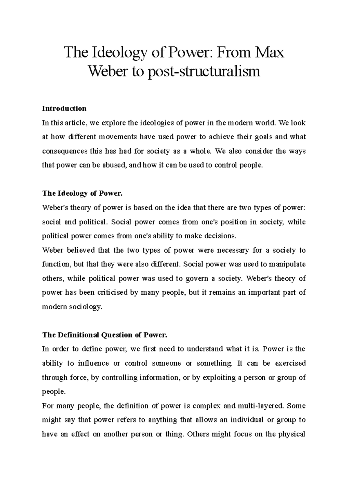 The Ideology of Power From Max Weber to post-structuralism - The ...