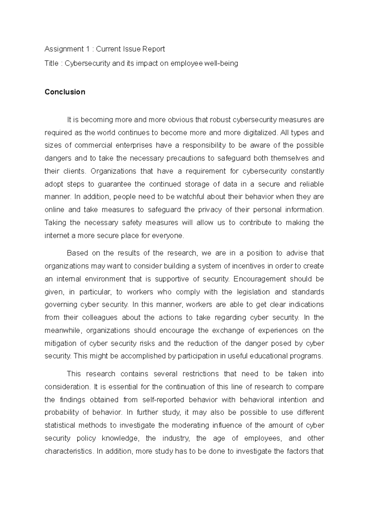 HRM Assignment 1 - Conclusion - Assignment 1 : Current Issue Report ...