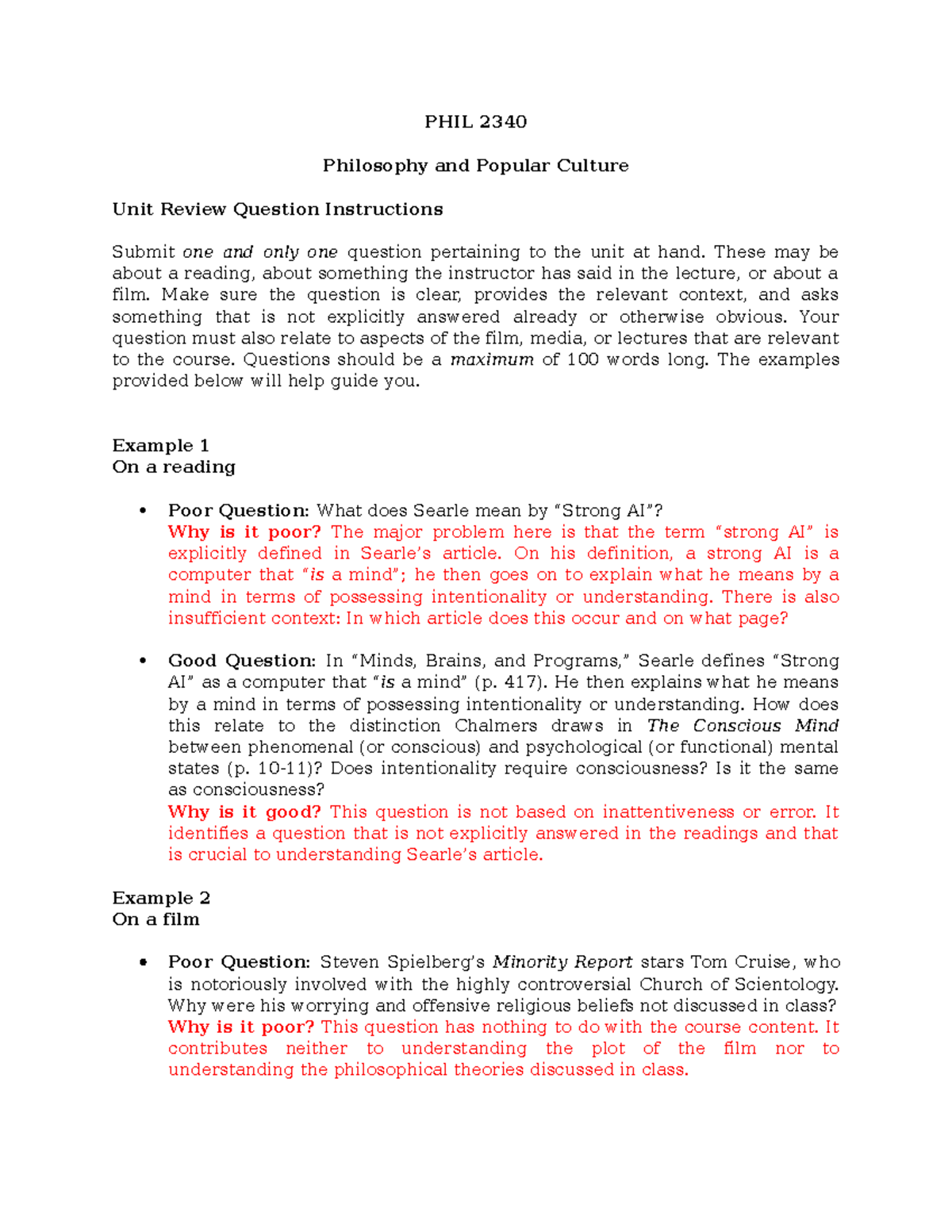 Questions - n/a - PHIL 2340 Philosophy and Popular Culture Unit Review ...