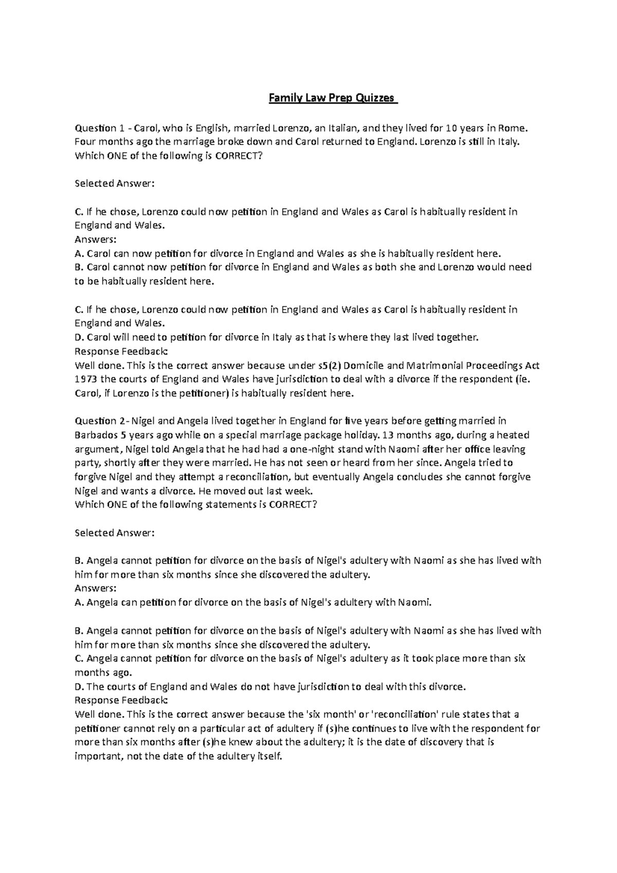 Family Law Prep Quizzes - Family Law Prep Quizzes Question 1 - Carol ...