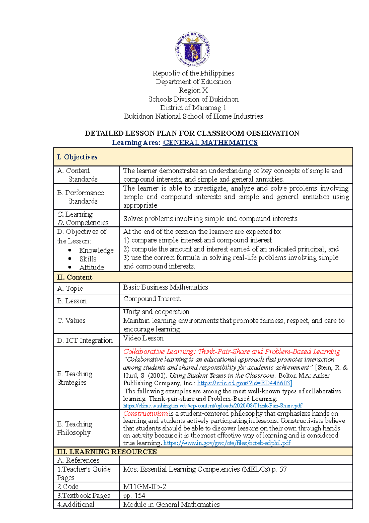 DLP GEN MATH for observation - Republic of the Philippines Department ...