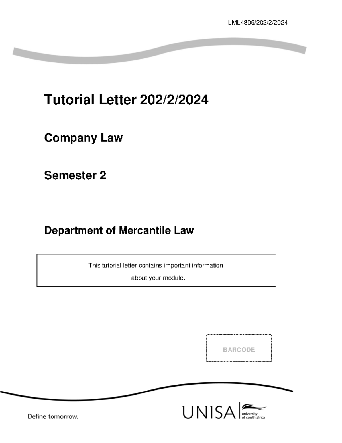 LML4806 2024 TL 202 2 E - Assignment 1 feedback - Tutorial Letter 20 2 / 2 /202 4 Company Law ...