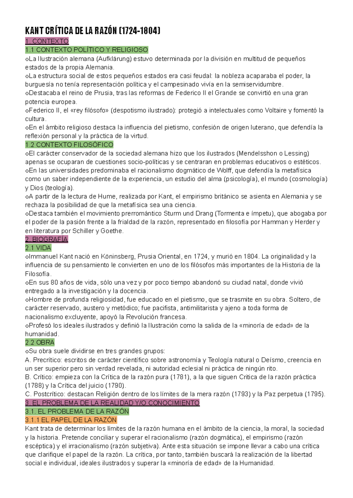 KANT - apuntes de Kant 2 bachillerato - KANT CRÍTICA DE LA RAZÓN (1724 ...