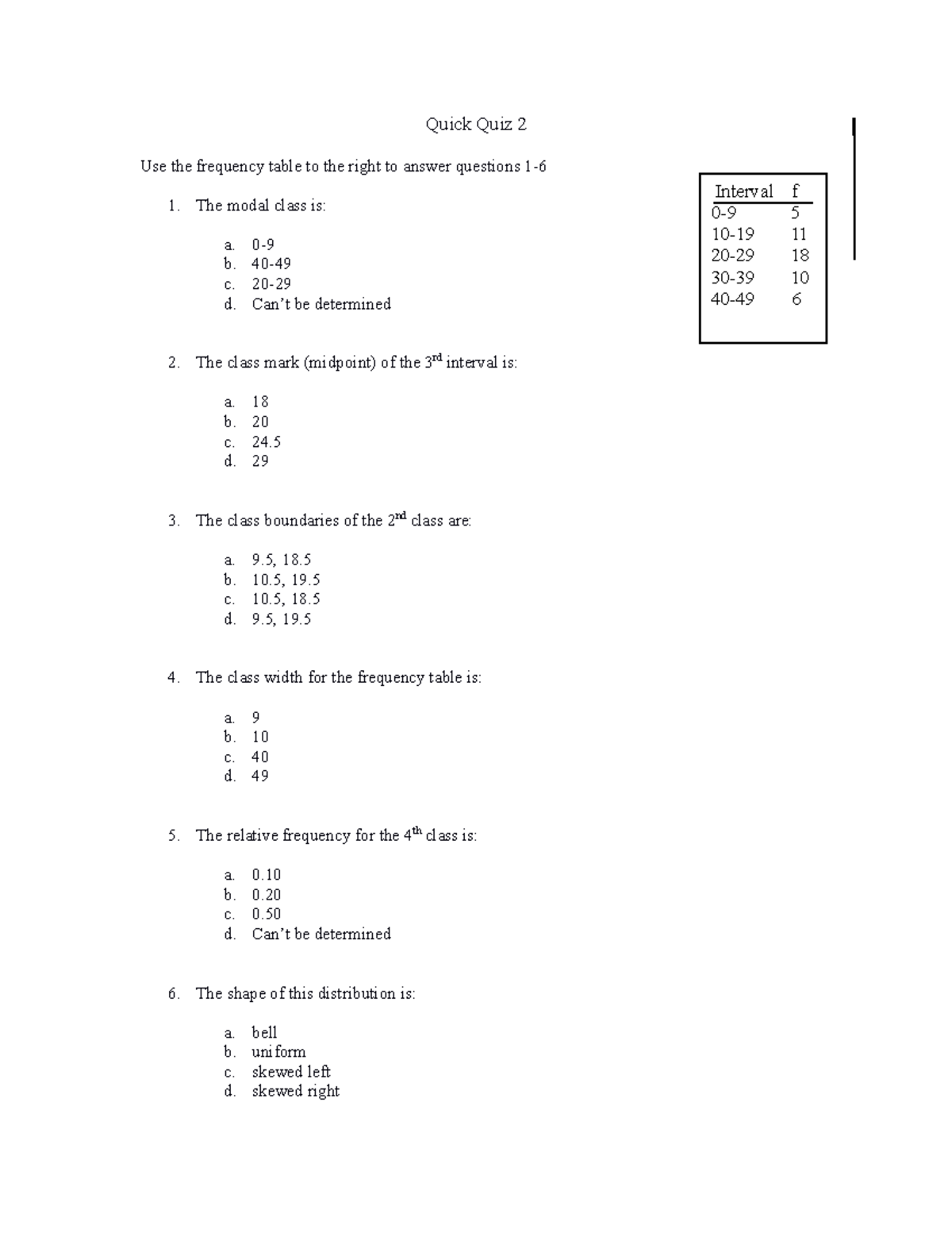Quick quiz 2 - quiz - Quick Quiz 2 Use the frequency table to the right ...