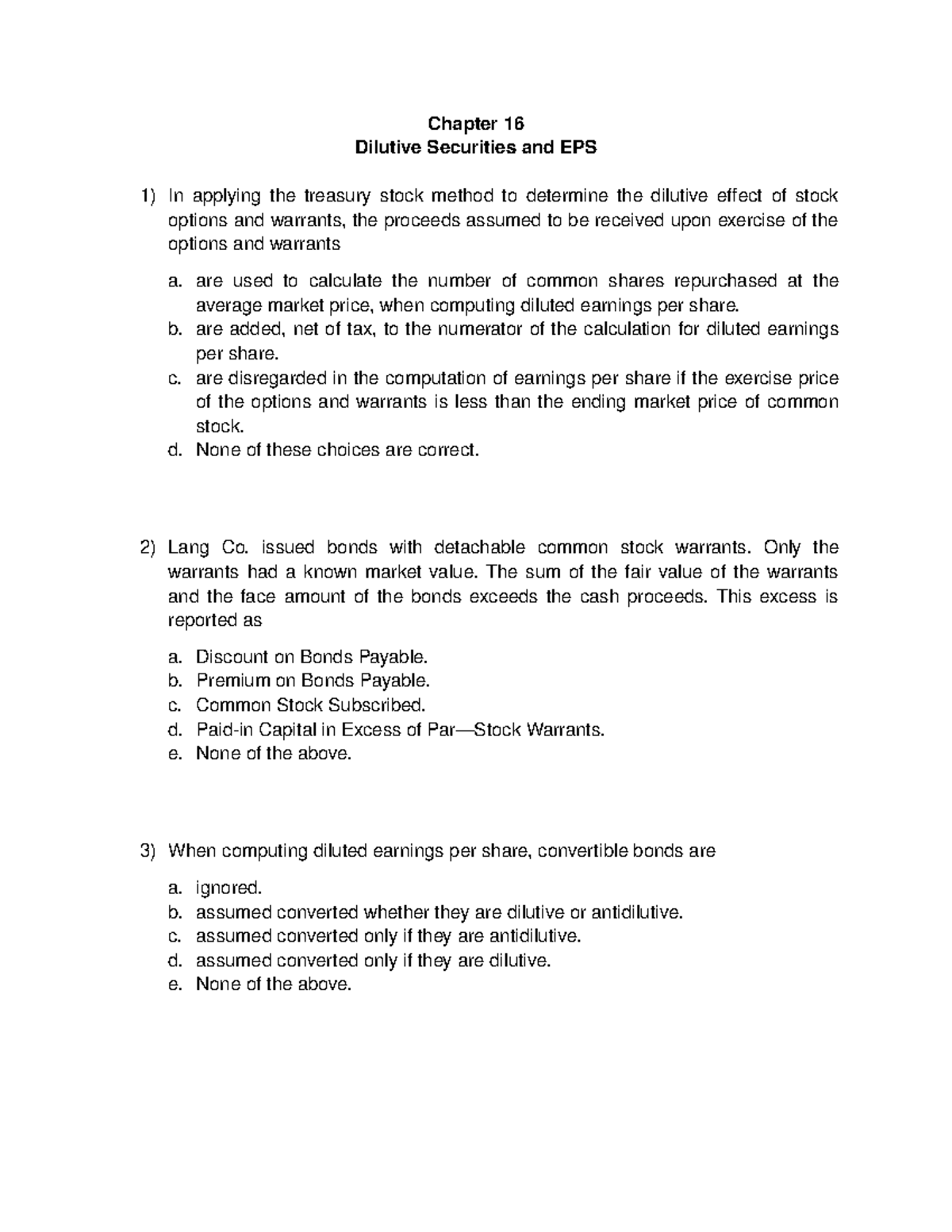 Accounting 301B, Chapter 16 Homework, Multiple Choice - Chapter 16 ...