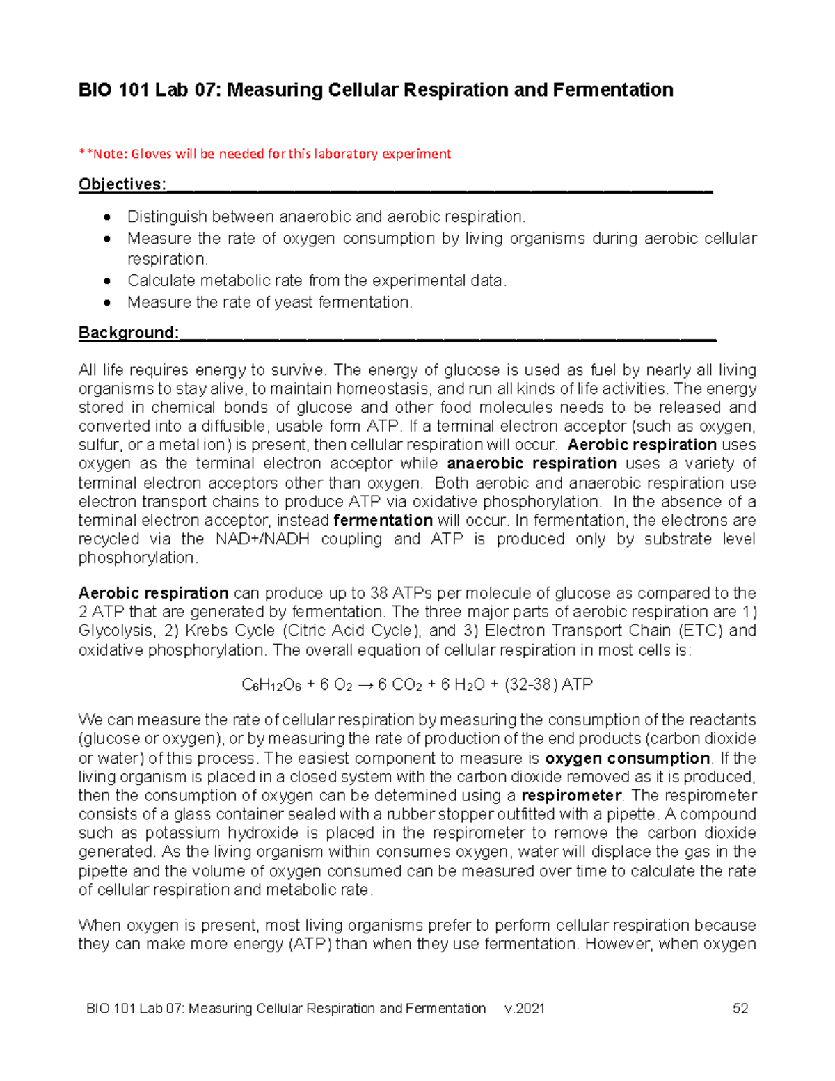 BIO101 Lab 7 Worksheets Cellular Respiration and Fermentation Spring ...