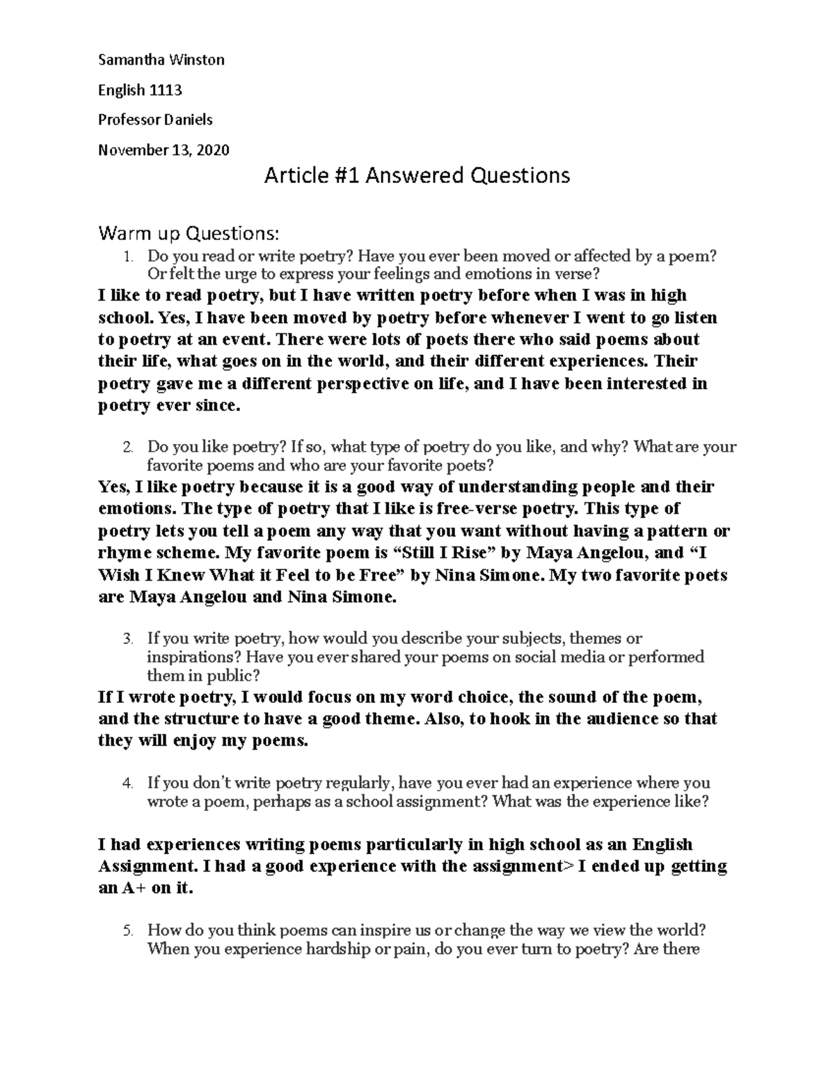 Article #1 answered questions - English 1113 Professor Daniels November ...