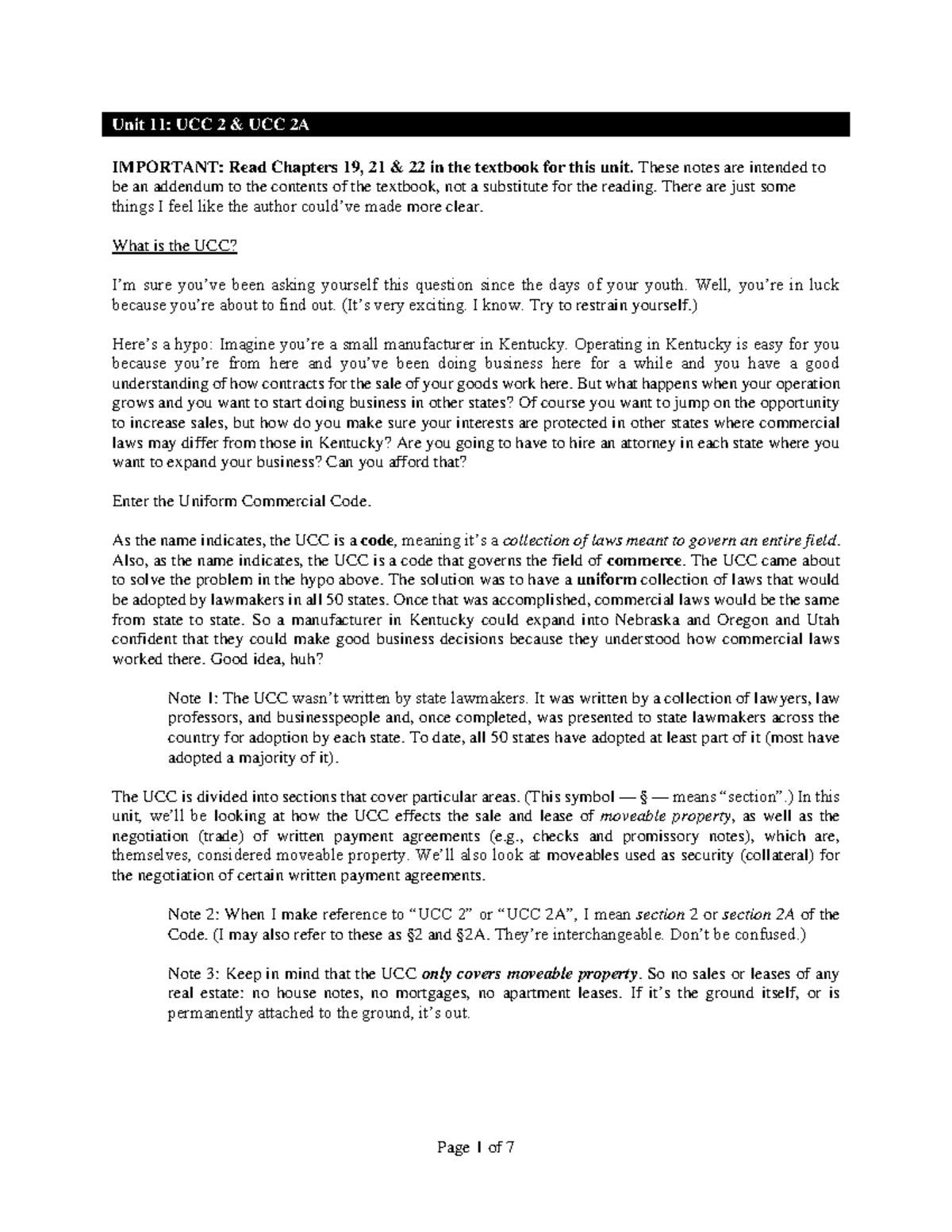 Unit 11 Notes - Unit 11: UCC 2 & UCC 2A IMPORTANT: Read Chapters 19, 21 ...