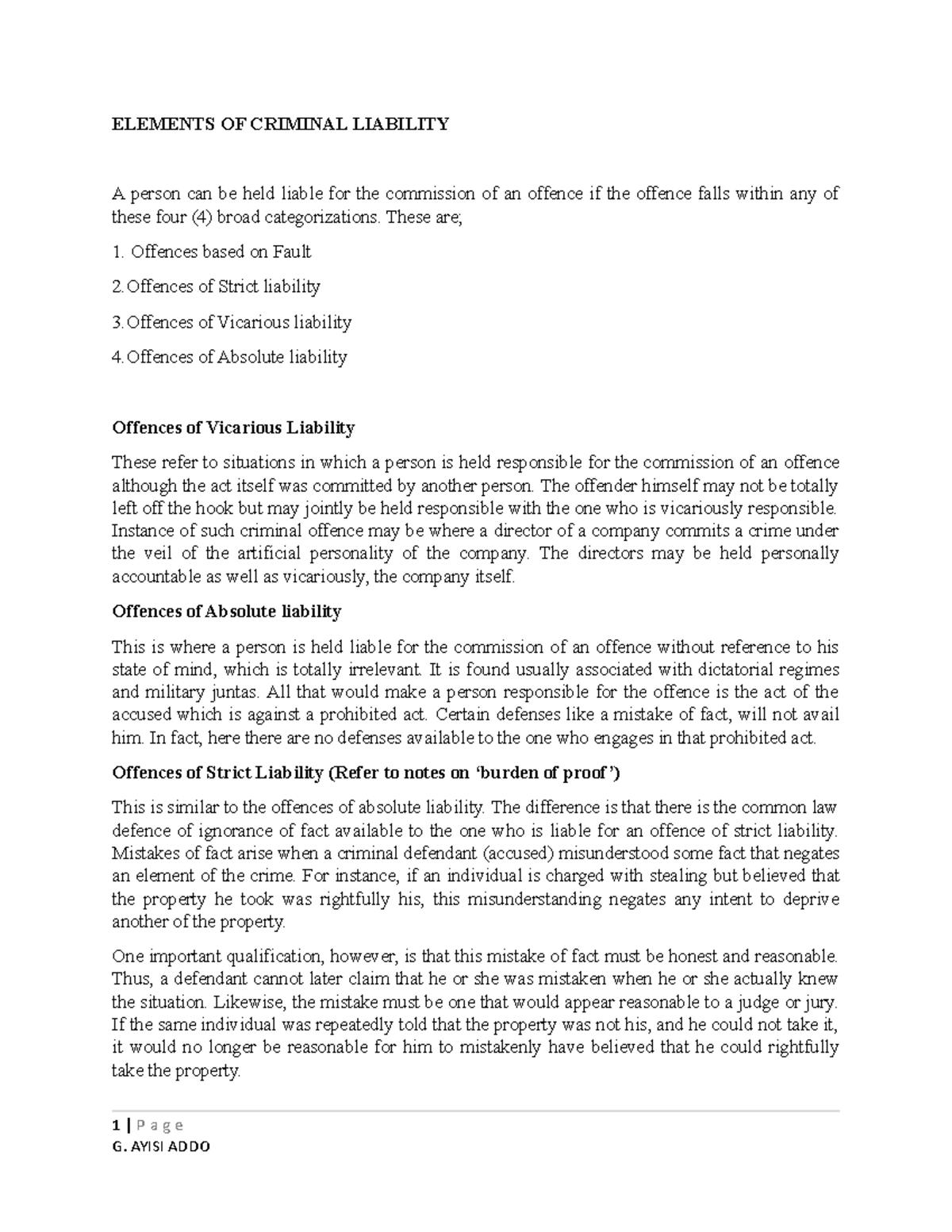 Elements OF Criminal Liability I (4) - ELEMENTS OF CRIMINAL LIABILITY A ...