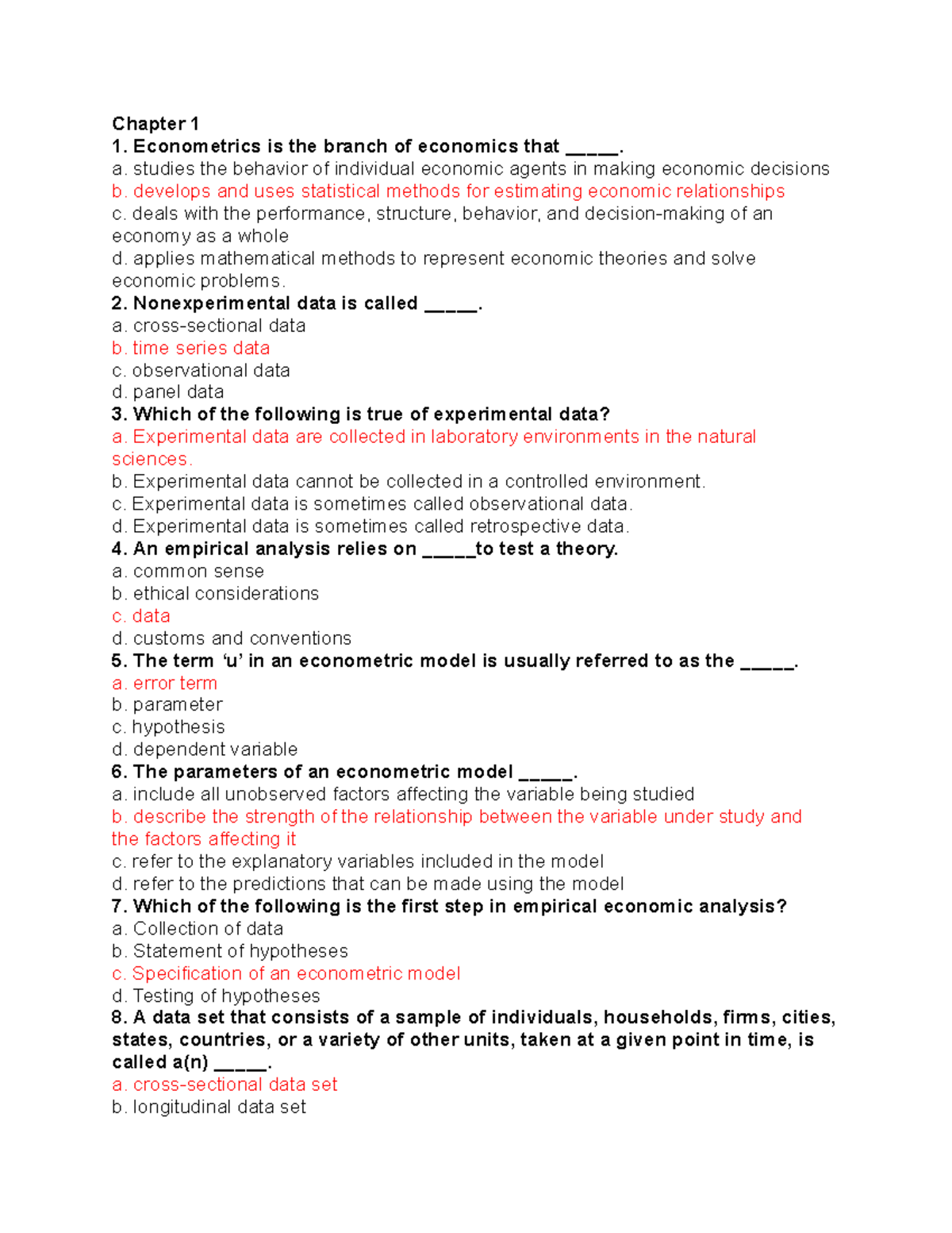 Quiz-TH - Quizzes for fun - **Chapter 1 Econometrics is the branch of ...