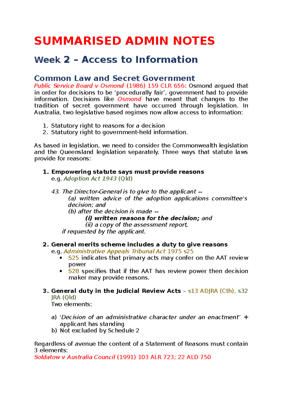 Summarised Admin Notes - SUMMARISED ADMIN NOTES Week 2 – Access to ...