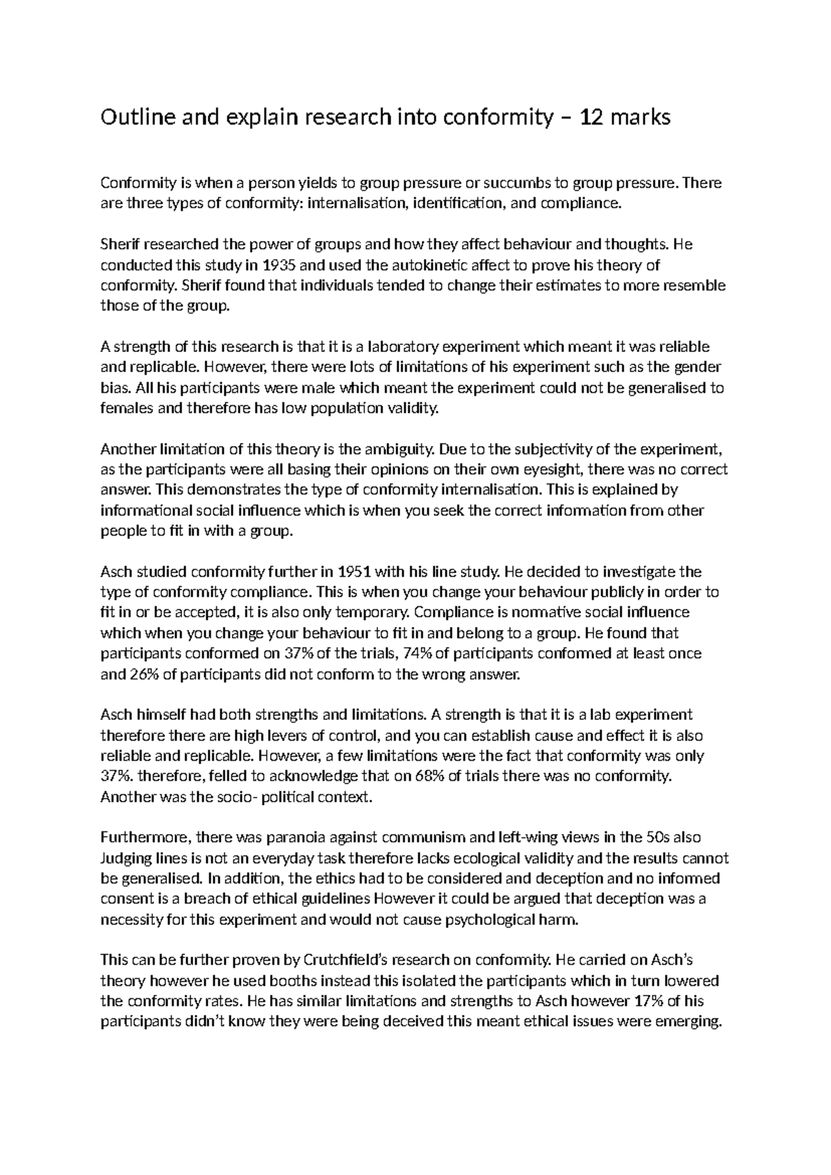 Psychology essay Conformity - Outline and explain research into ...