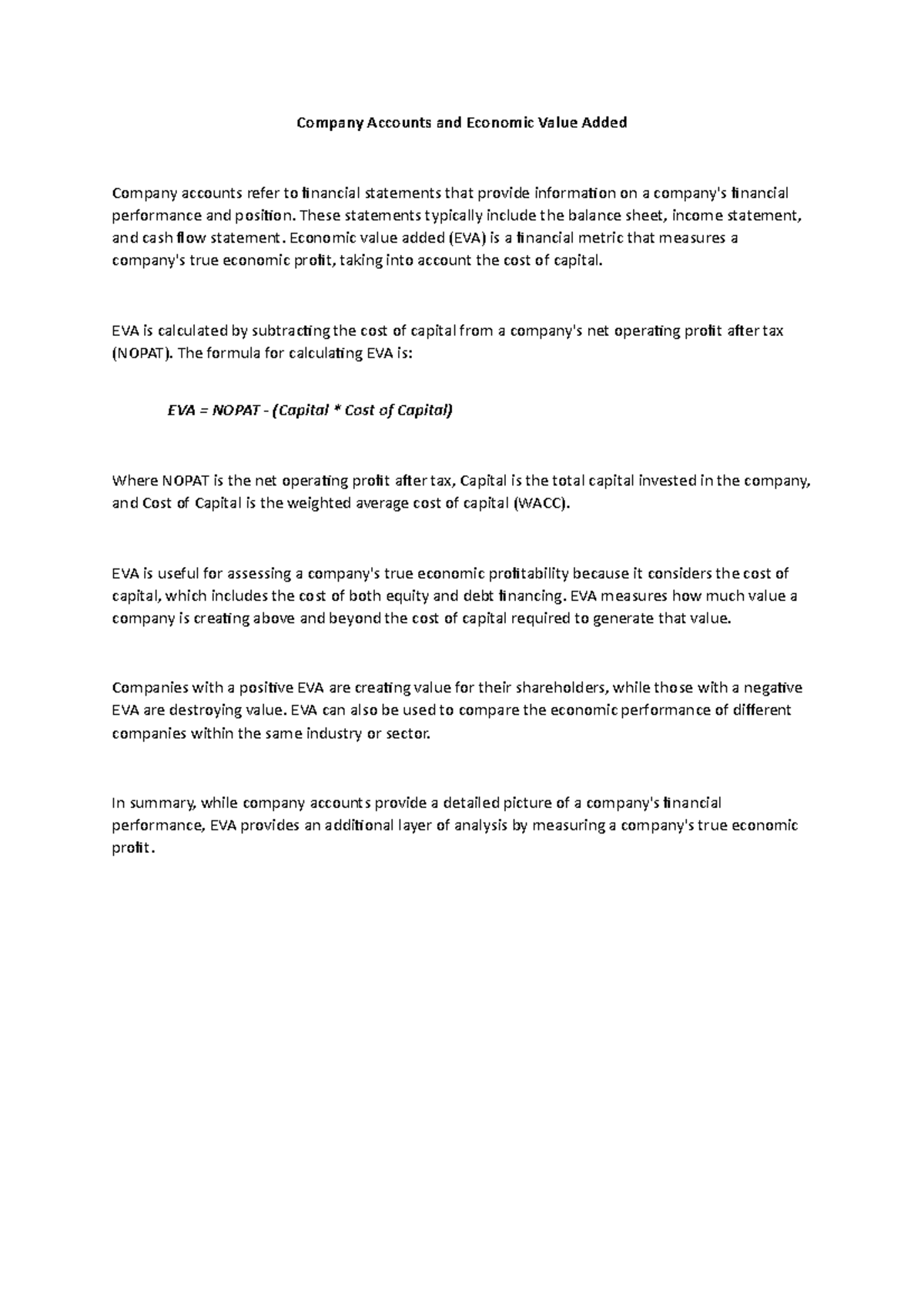 Company Accounts and Economic Value Added - These statements typically ...