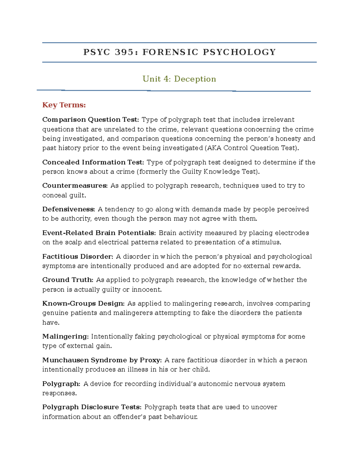PSYC 395 - Unit 4 Notes - PSYC 395: FORENSIC PSYCHOLOGY Unit 4 ...