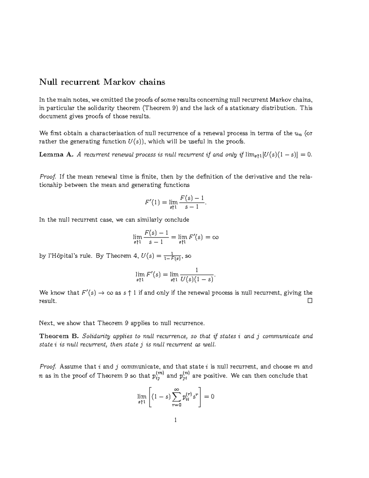 Null recurrent Markov Chains - This document gives proofs of those ...