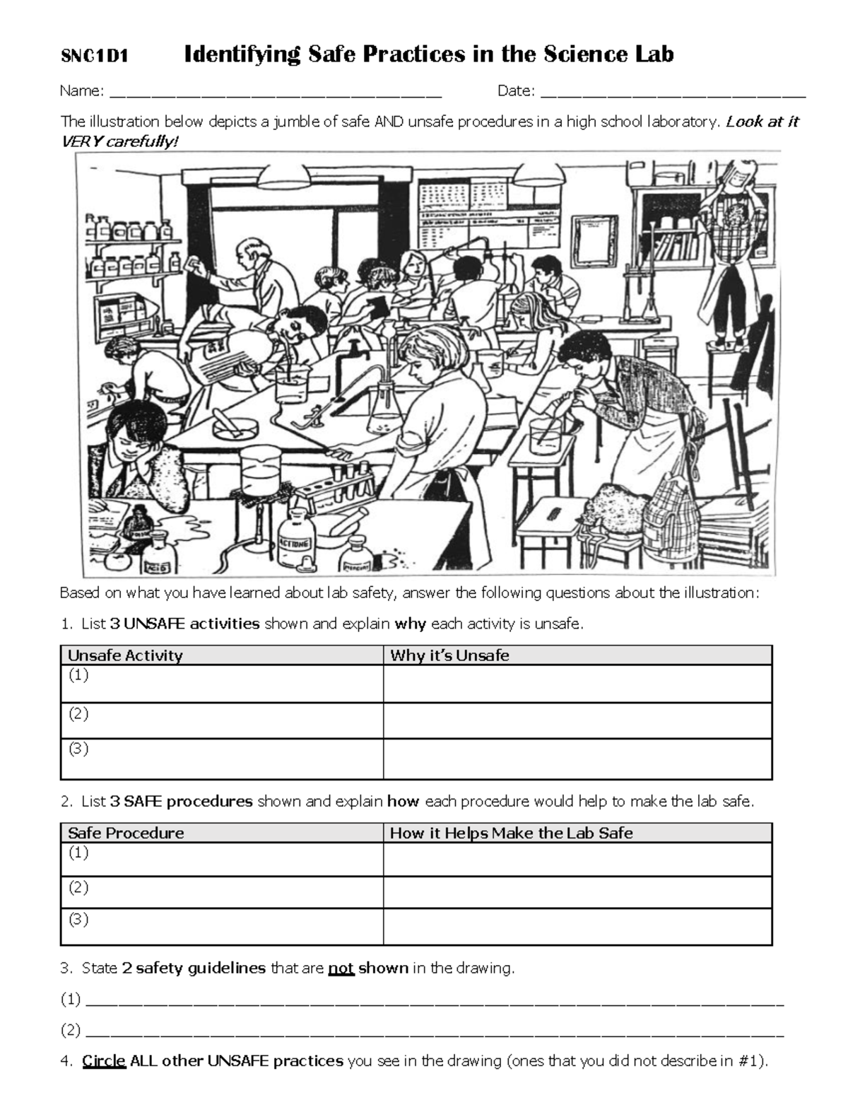 4. SNC1D1 Identifying Safe Practices in the Science Lab Handout ...