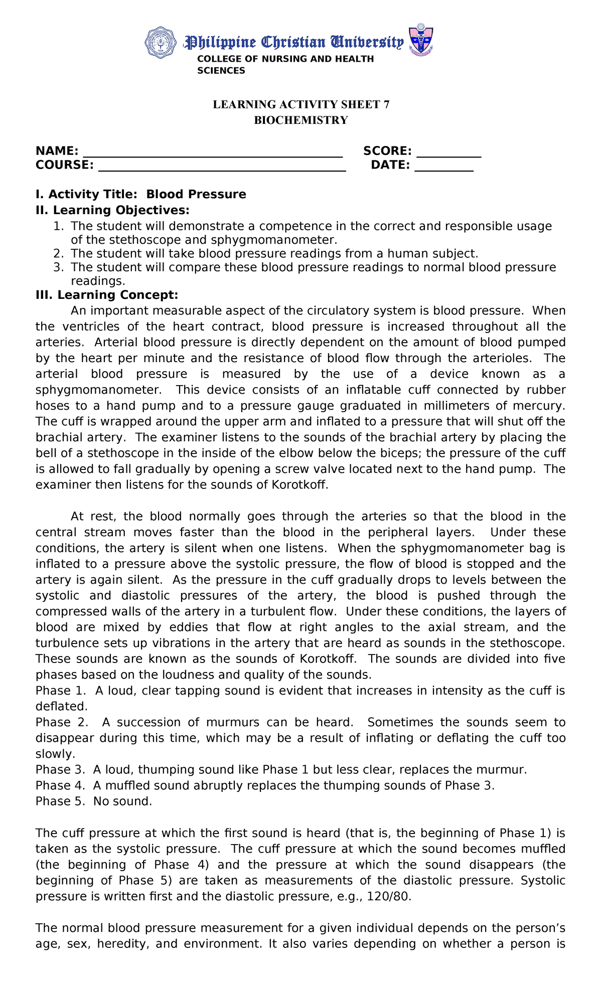 Biochem Laboratory 8 ( Blood Pressure) - SCIENCES LEARNING ACTIVITY ...
