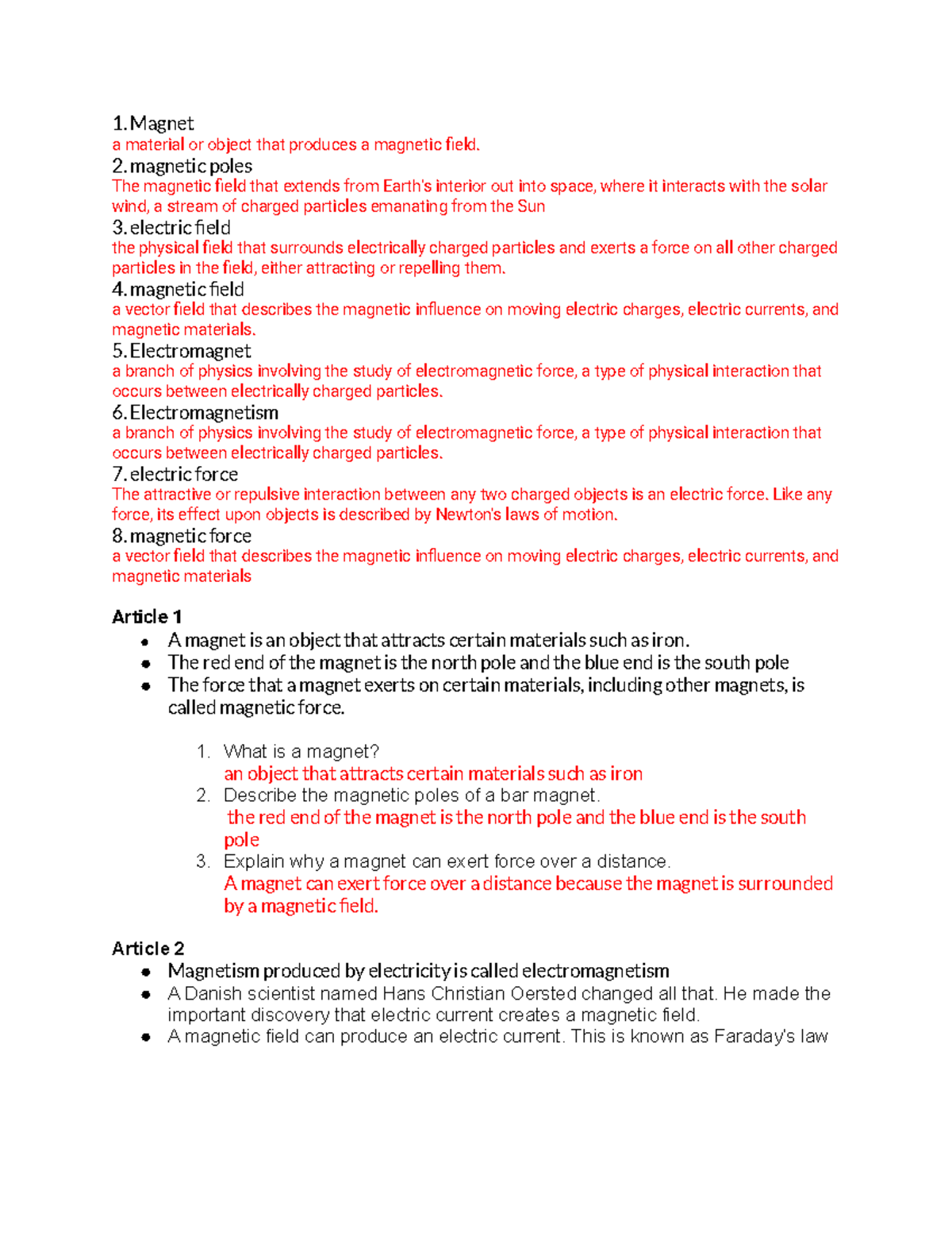 Physical Science Magnetism Reading 2 Unit - Magnet a material or object ...