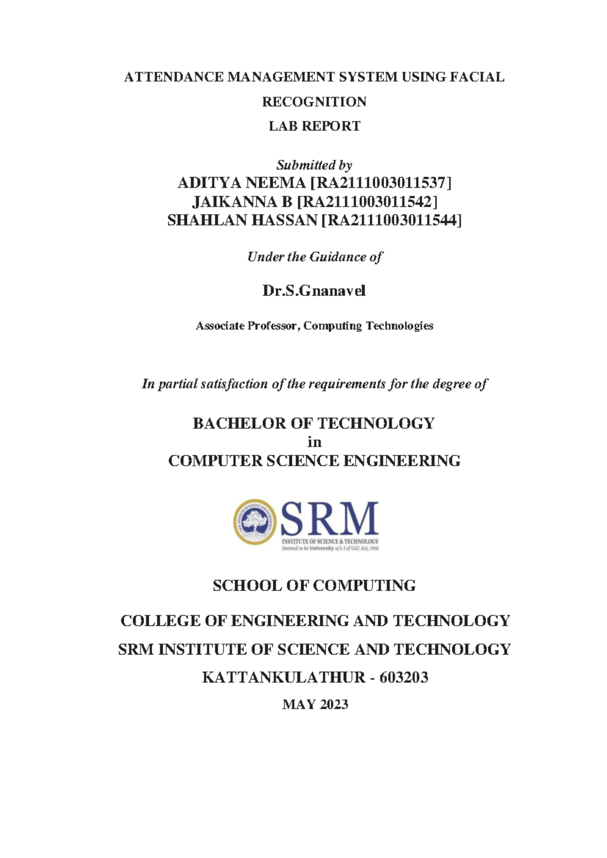 SEPM project report - ATTENDANCE MANAGEMENT SYSTEM USING FACIAL RECOGNITION LAB REPORT Submitted ...