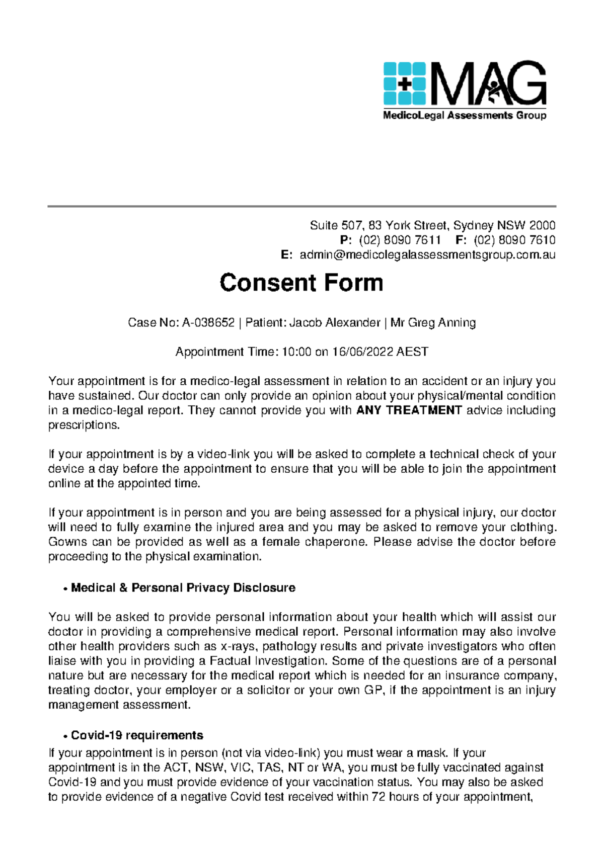 MAG Consent Form - m. b - Suite 507, 83 York Street, Sydney - Studocu