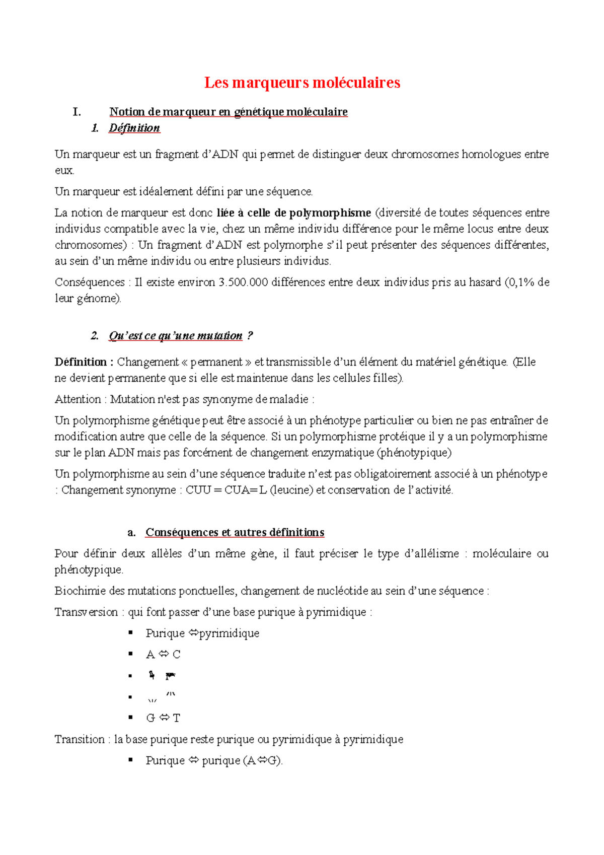Marqueur moléculaire - Les marqueurs moléculaires I. Notion de marqueur ...