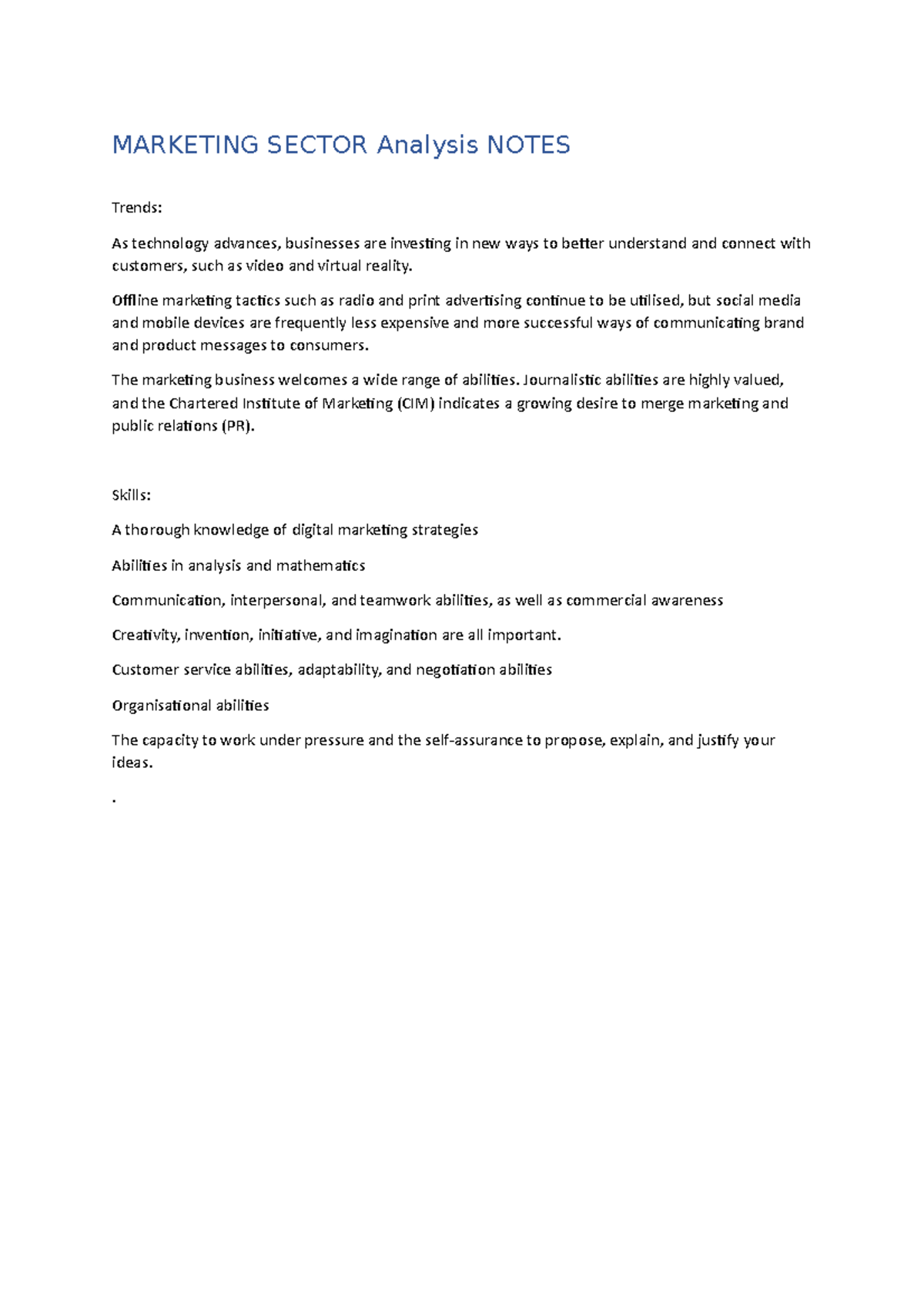 Marketing Sector Notes - MARKETING SECTOR Analysis NOTES Trends: As ...