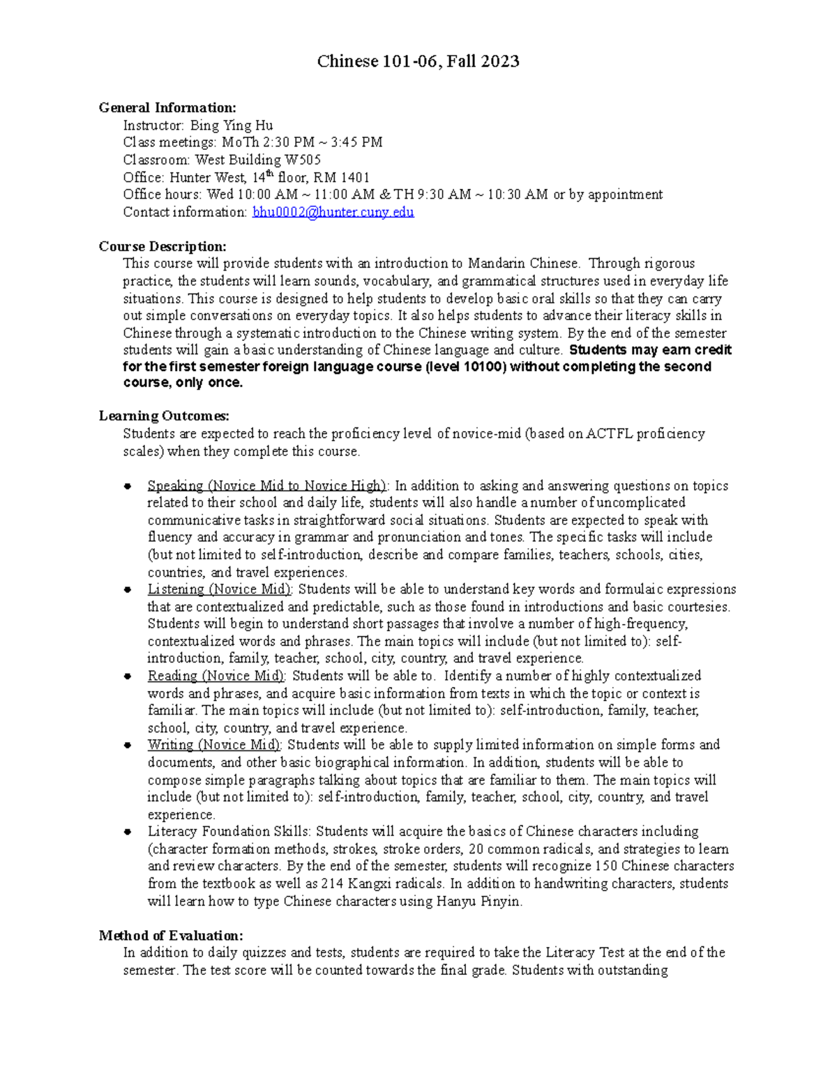 101-06 Syllabus - SYABLLUS - Chinese 101-06, Fall 2023 General ...