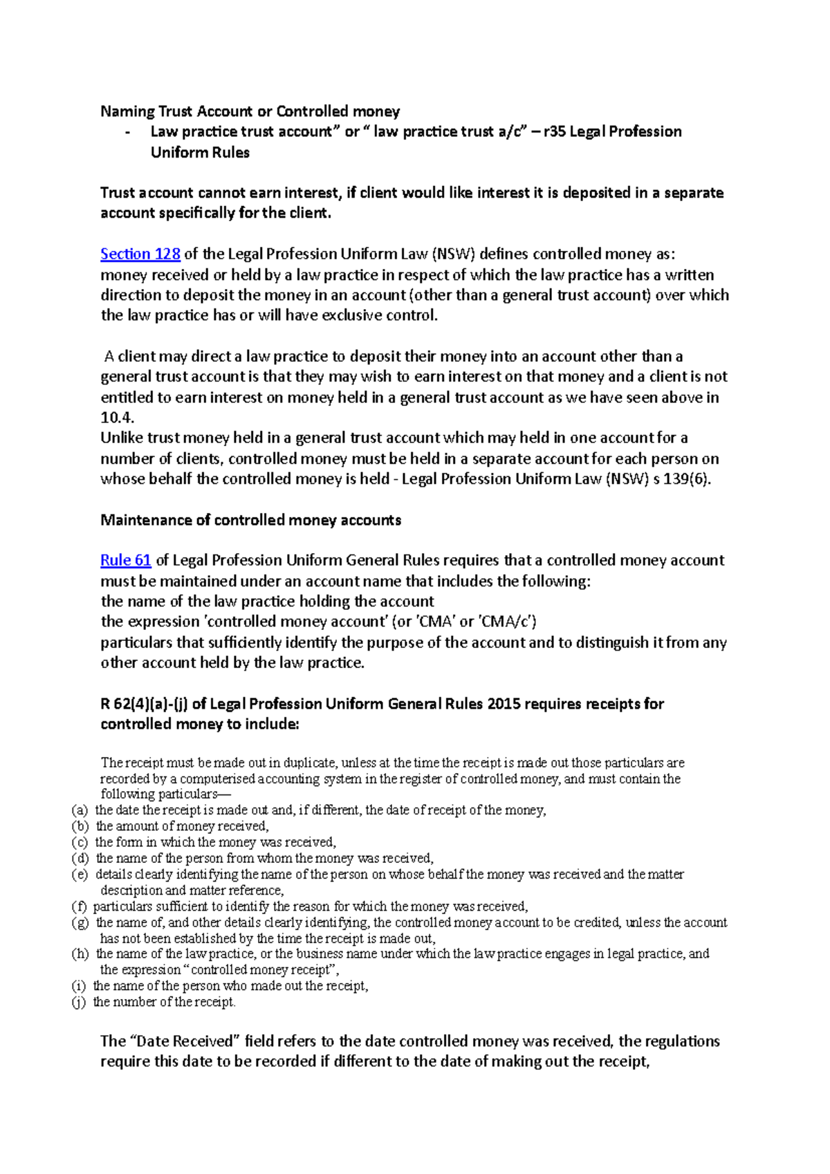 Pro legal Conduct Notes - Naming Trust Account or Controlled money ...