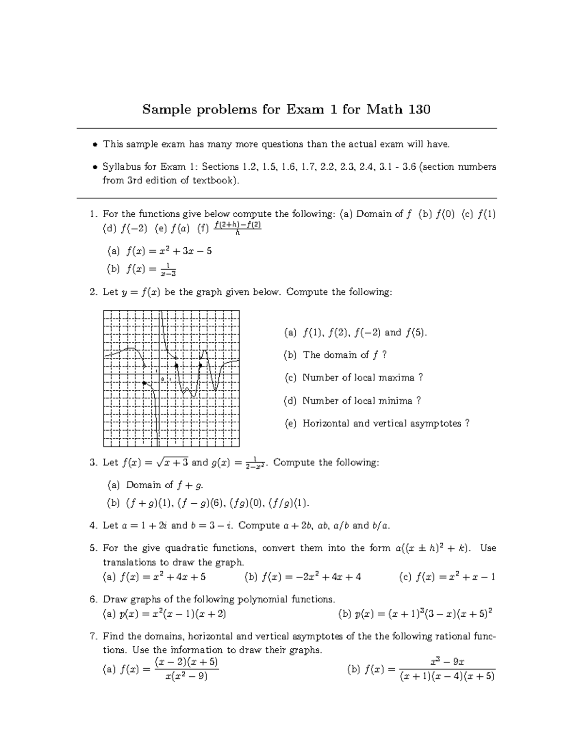 Se1 - Practice - Sample problems for Exam 1 for Math 130 This sample ...