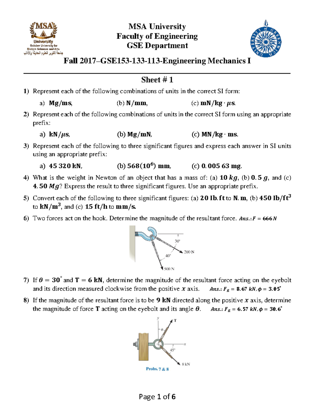 Mechanics - sheet 1 - Fall 2017 - Faculty of Engineering GSE Department ...