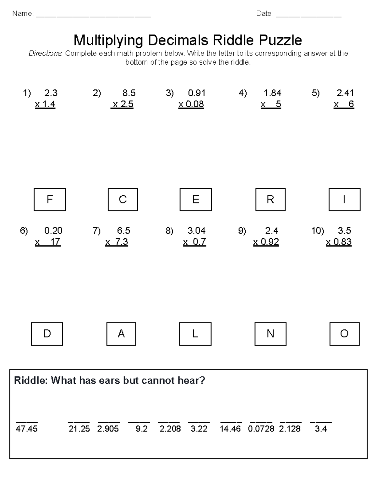 Multiplying Decimals Riddle Puzzle Printable Worksheet-1 - Multiplying ...