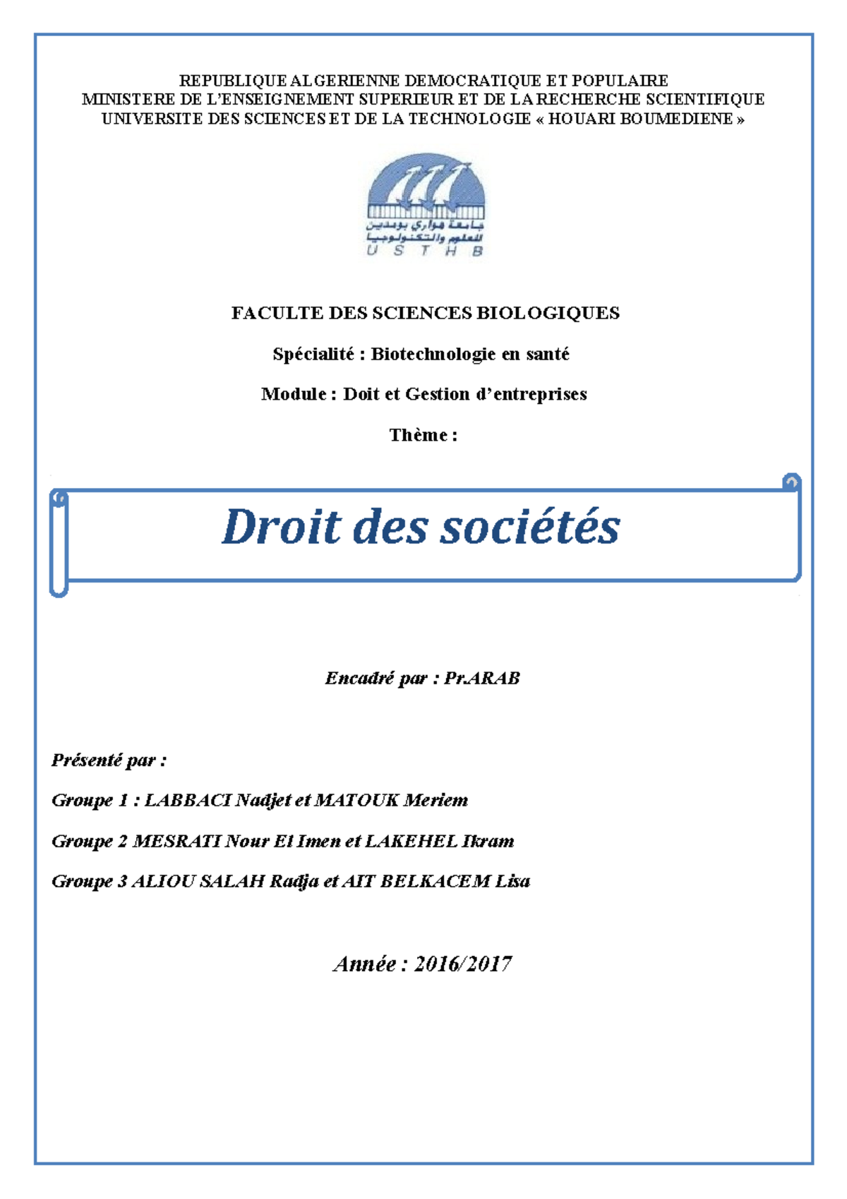 4 Résumé Droit sociétés - REPUBLIQUE ALGERIENNE DEMOCRATIQUE ET ...