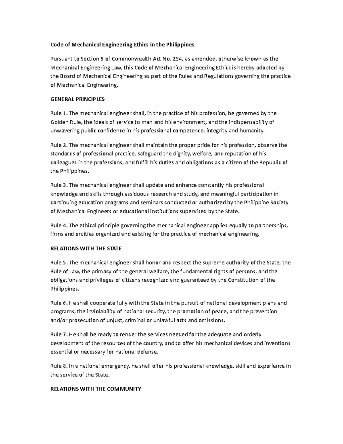 Code of Mechanical Engineering Ethics in the Philippines - Studocu