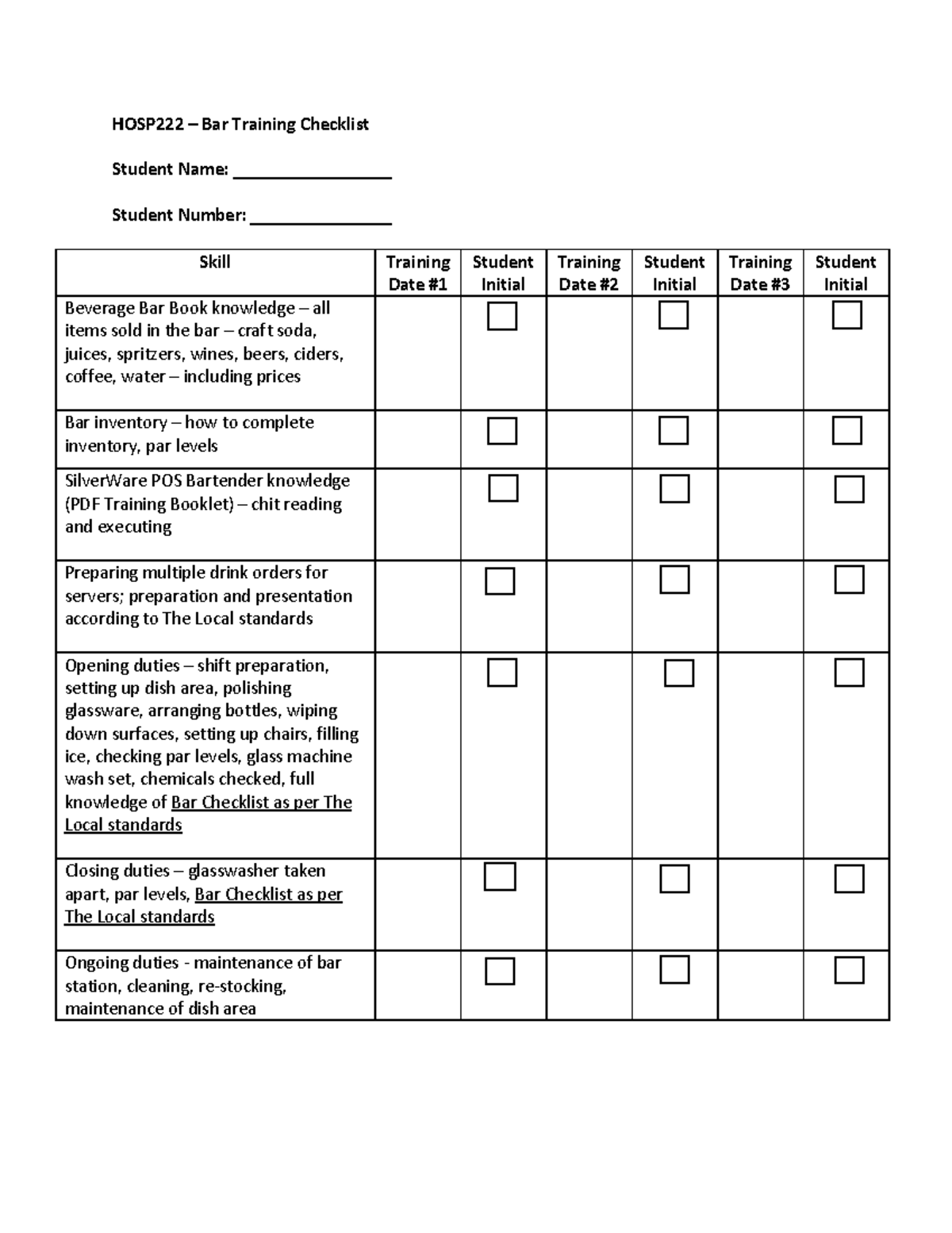 Bartender Training Checklist Assignment - HOSP222 – Bar Training ...