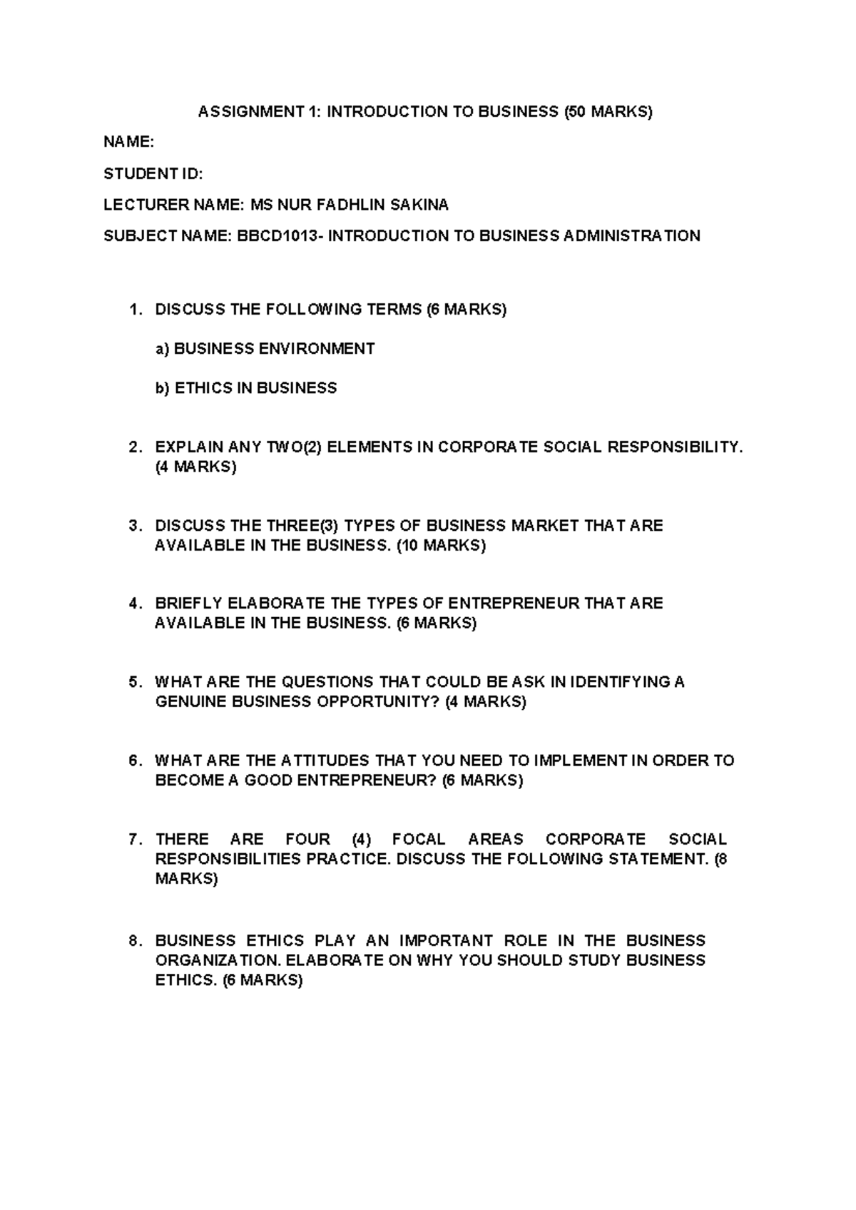 Assignment 1 Introduction TO Business Administration (new) - ASSIGNMENT ...
