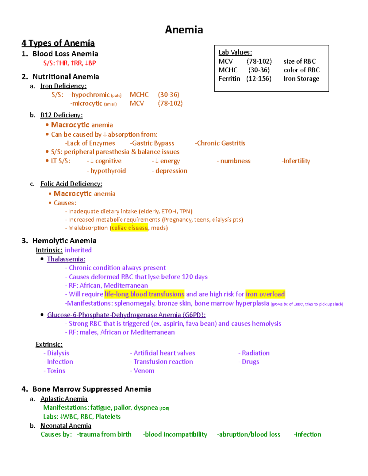 Anemia SG - Anemia 4 Types of Anemia 1. Blood Loss Anemia S/S: HR, RR ...