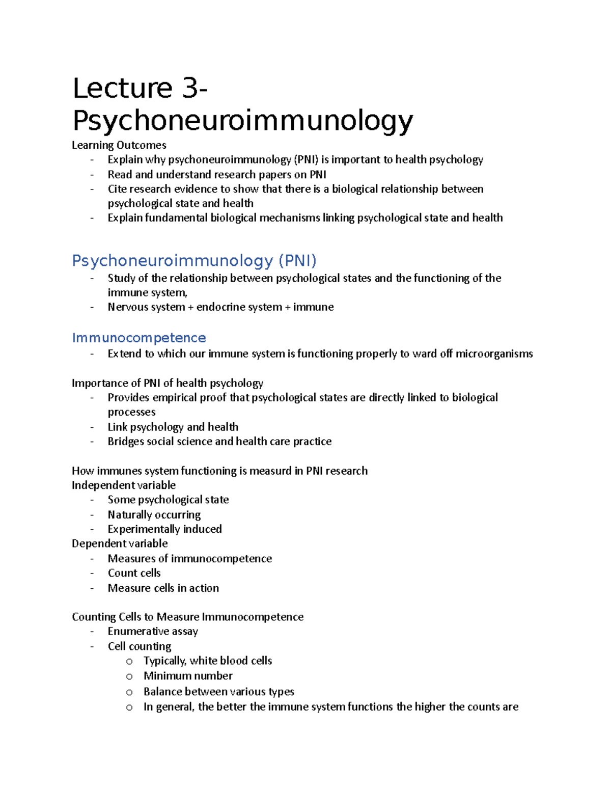 Lecture 3- PNI - Lecture 3- Psychoneuroimmunology Learning Outcomes ...