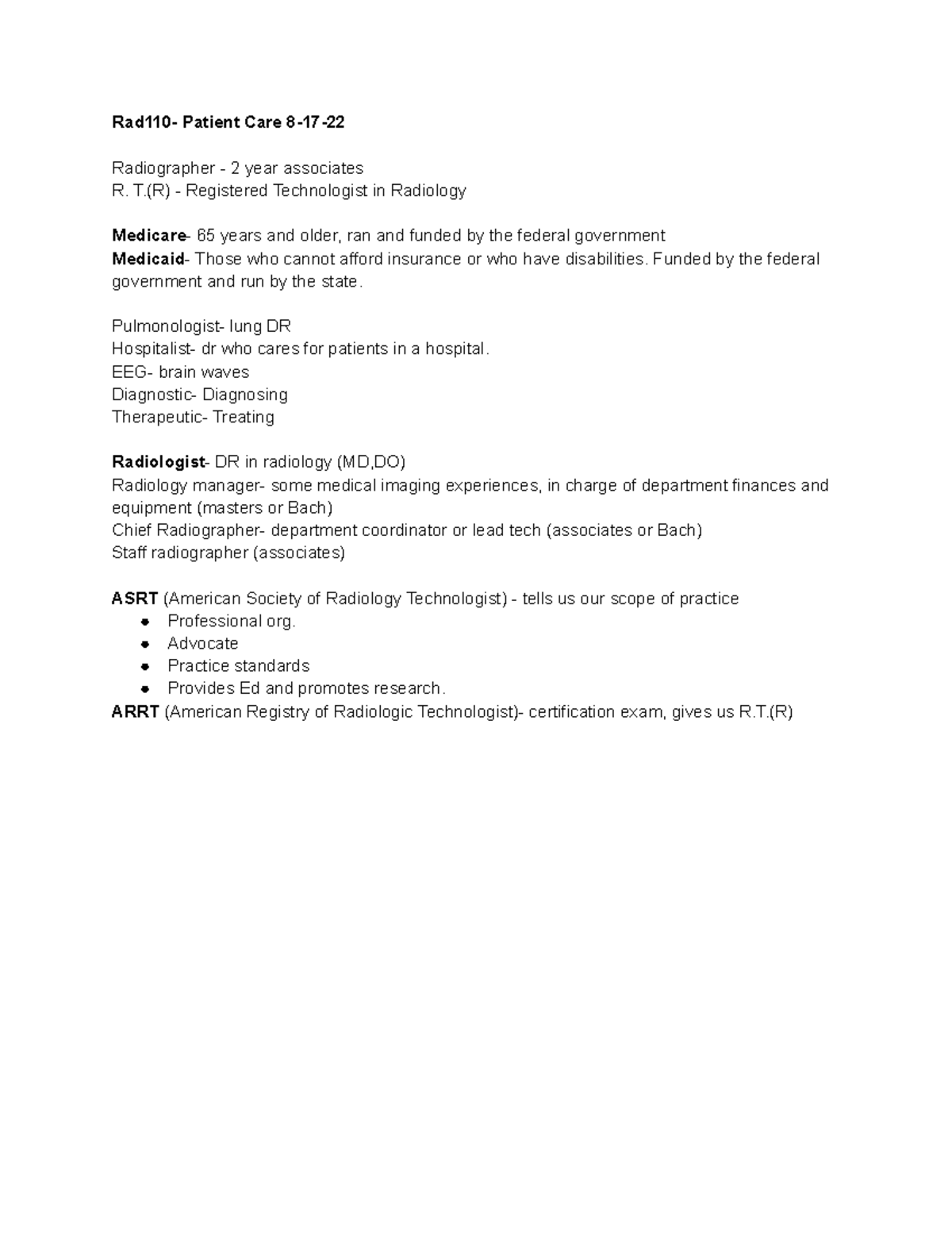 Chapter 4 Rad 110 pt care (1-notes) - Rad110- Patient Care 8-17 ...