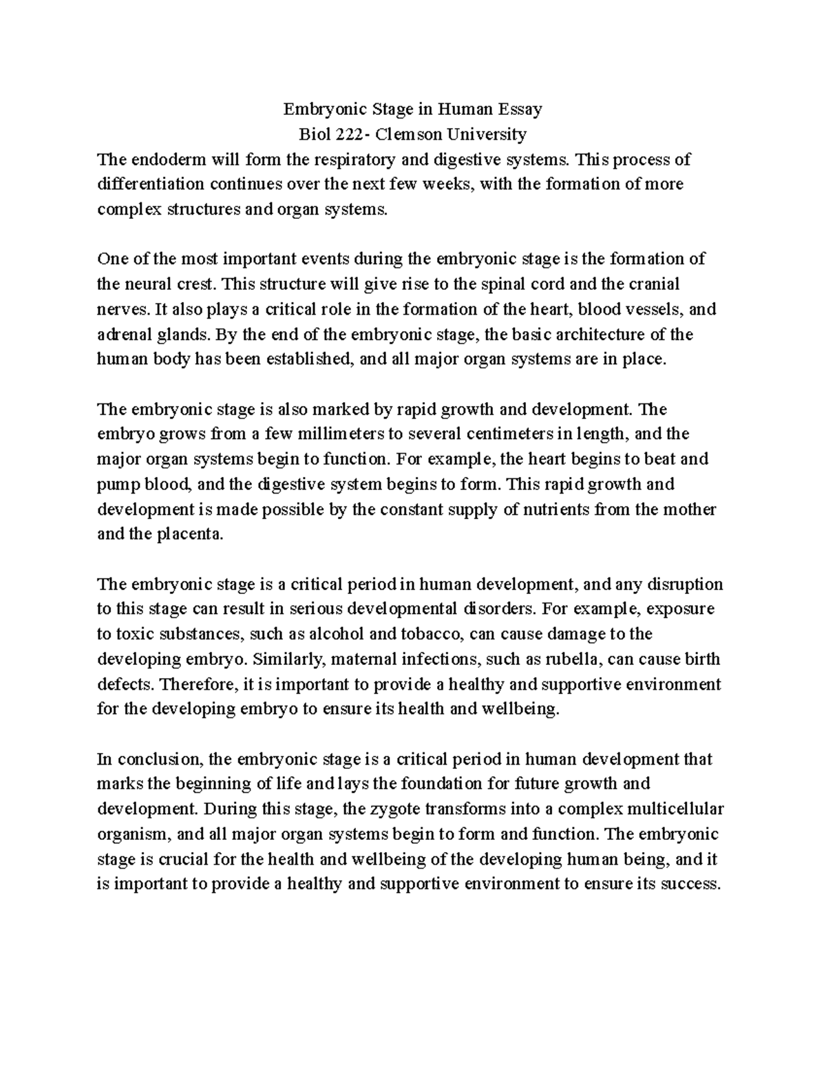 Embryonic Stage in Human Essay - This process of differentiation ...