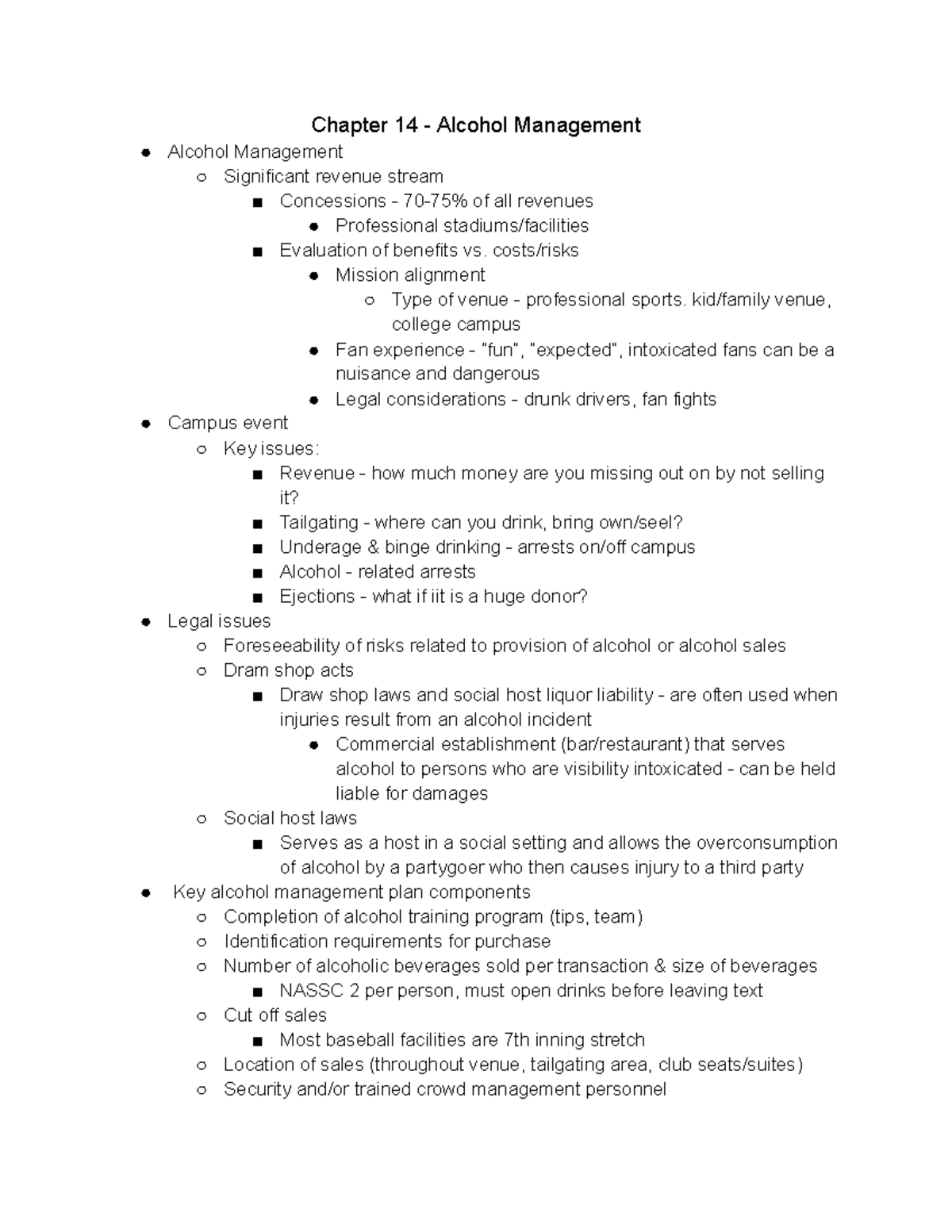 Chapter 14 - Alcohol Management Lecture Notes - Chapter 14 - Alcohol ...