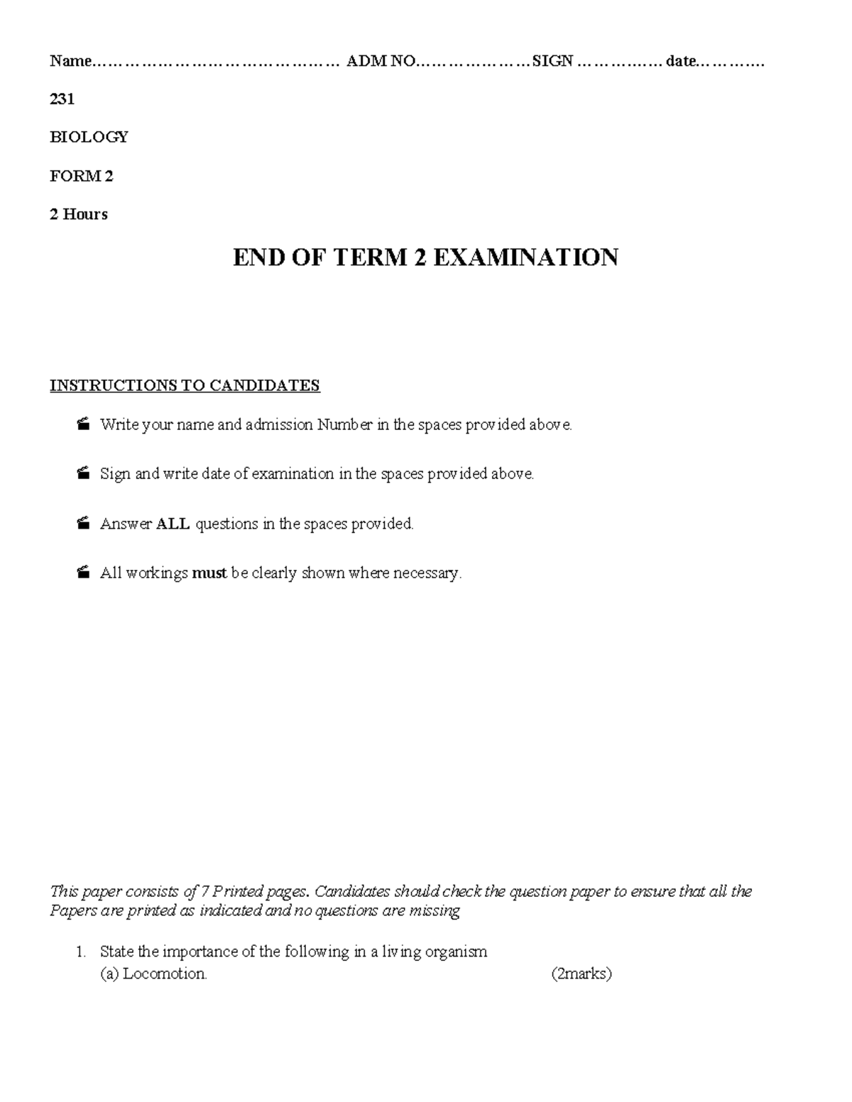 Biology F2T2 QS - Bbm225 - Name ...