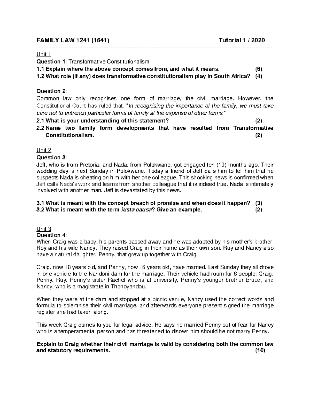 Tut 1 of 2020 - Family law practice questions on transformative ...