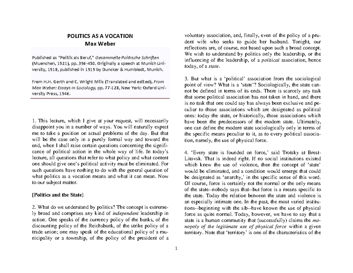 Max weber politics as vocation - POLITICS AS A VOCATION Max Weber ...